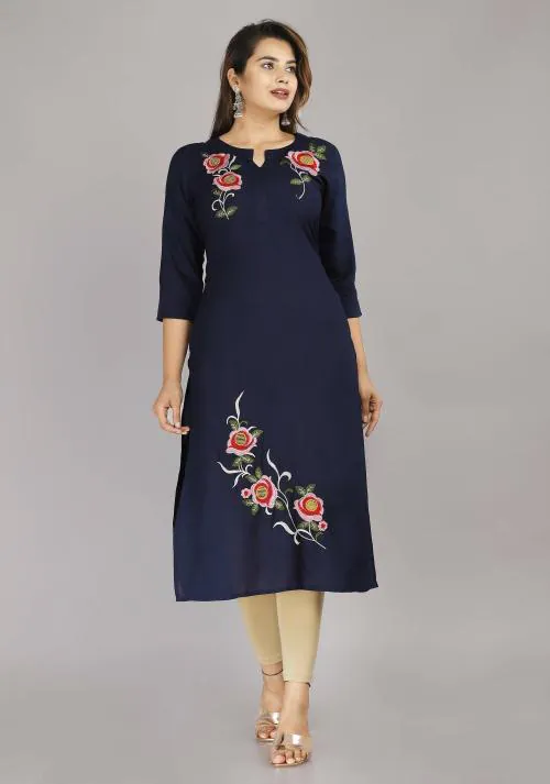Buy Mehsoos Women Dark Blue Embroidered Viscose Rayon Straight Kurta ...