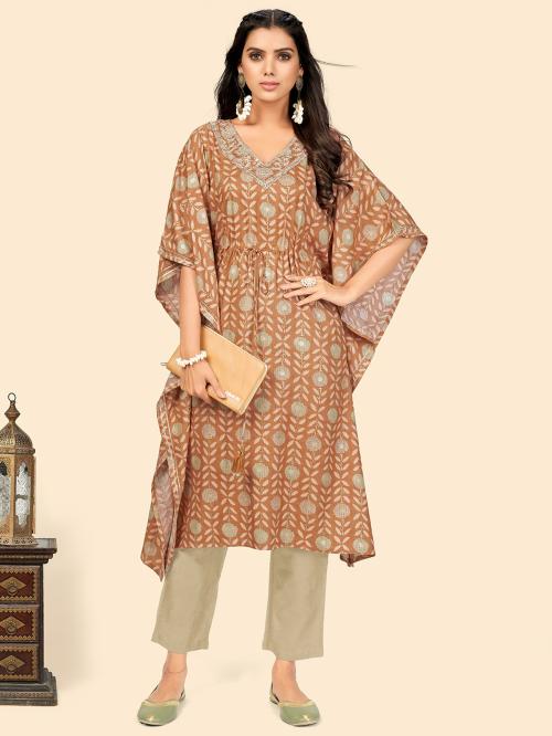 Buy Vbuyz Women'S Print & Sequience Muslin Brown Stitched Kaftan Kurta ...