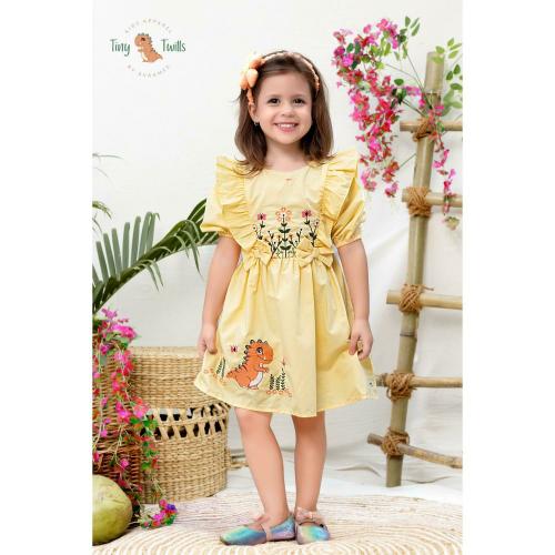 Buy Tiny Twills Floral Embroidered With Dino Embroidery On Flare kids Dress Color- Yellow || 7 ...