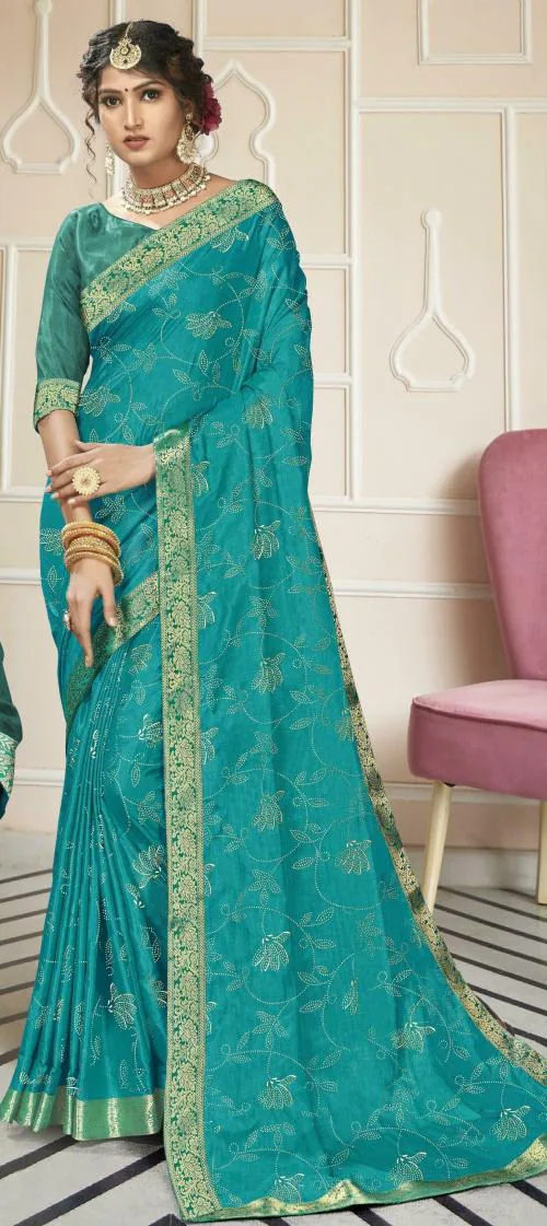 Buy Prajval Women Firozi Blue Printed Art Silk Bollywood Saree Online ...