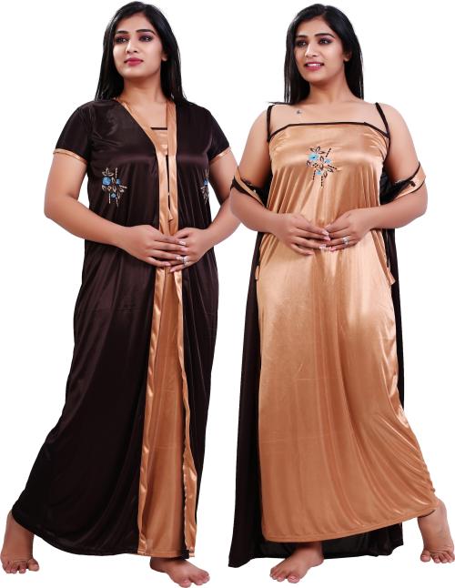Buy Loody'S Women Brown, Beige Solid Satin Set Of 2 Nighty With Robe ...