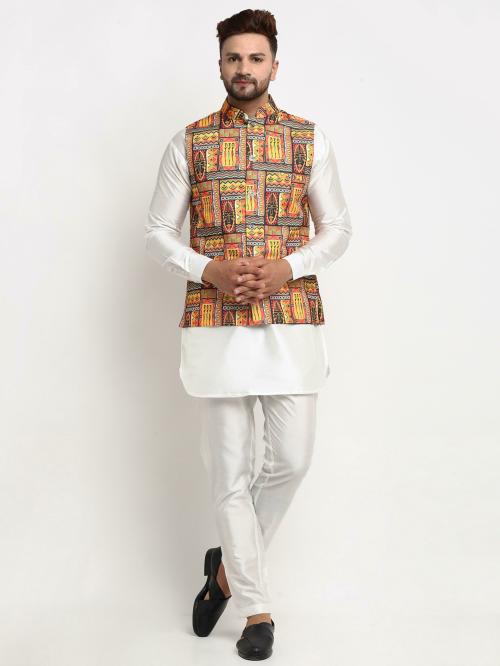 Buy Benstoke Men's Silk Blend White Kurta With Pyjama & Yellow Printed ...