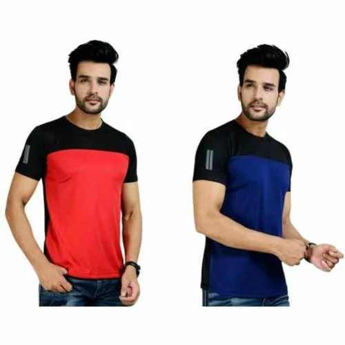Buy Pack of 2 Men Colorblock Round Neck Polyester Blue, Red T-Shirt ...