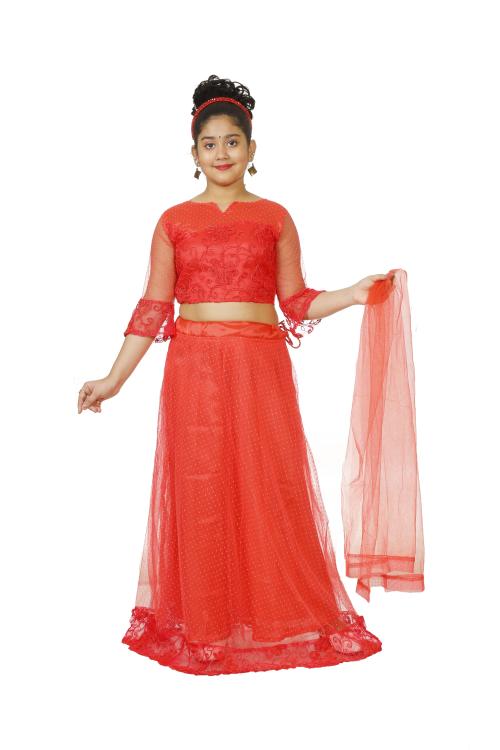 Buy YAYAVAR Girls Red Jaquered Silky Net Pack of 1 Ethnic Lahenga Choli Dupatta Set Online at ...