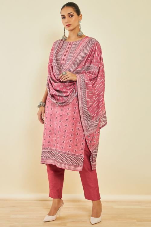 Buy Soch Rust Muslin Suit Set With Geometric Print And Hand Embroidery ...