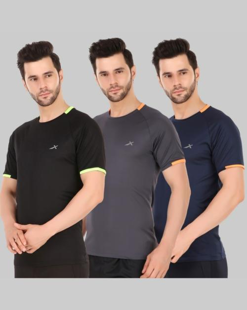 Buy VECTOR X Men Multicolor Solid Polyester Round Neck T-shirt - Pack ...