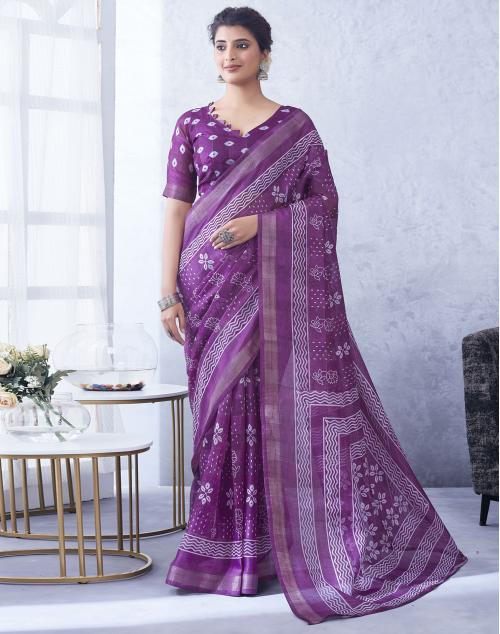 Buy Siril Cotton Blend Purple Color Saree with Blouse piece Online at ...