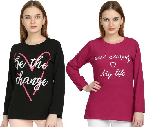 Buy CHOZI Women Black, Pink Printed Cotton Blend Pack of 2 T-Shirt ...
