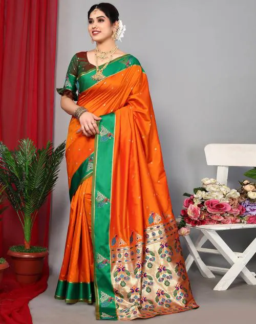 Buy Satrani Poly Silk Gold & Orange Color Saree with Blouse piece ...