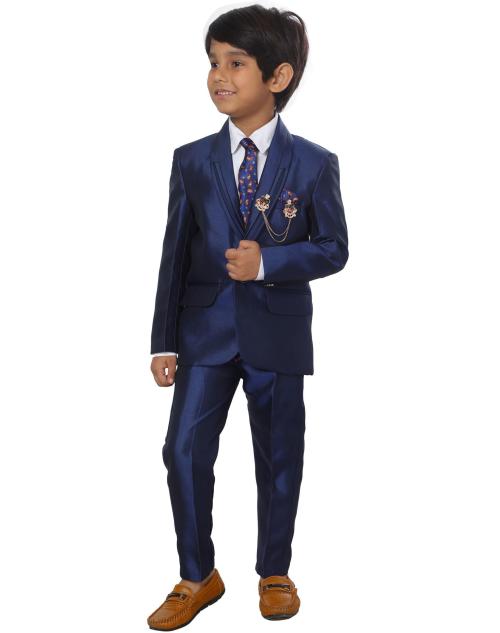 Buy Dkgf Fashion Boys Dark Blue Solid Polyester Blazer Trouser, Tie And ...