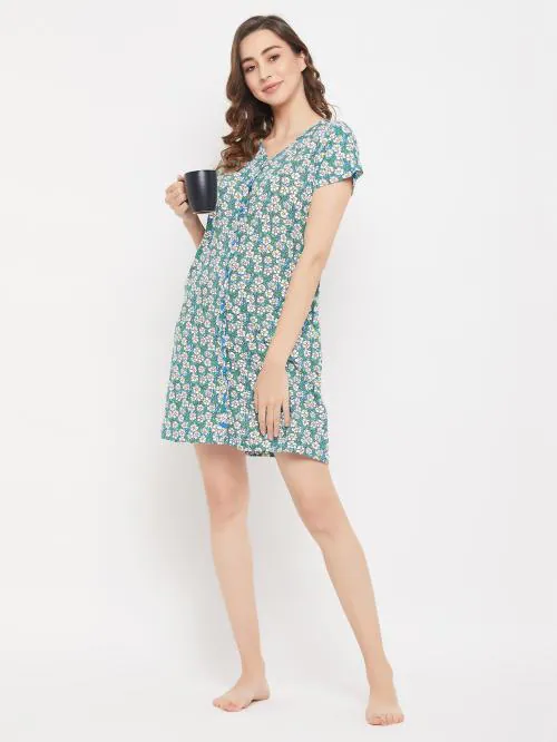 Buy Clovia Women's Blue Floral Print Cotton Short Nighty Online at Best ...