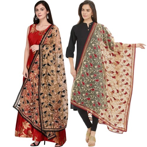 Buy Kemza Women's Phulkari Embroidered Net Dupatta Combo (Black-Maroon) with Gold Fabric Pack of ...