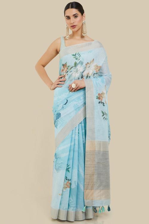 Buy Soch Powder Blue Linen Saree With Floral Embroidery And Embroidered ...