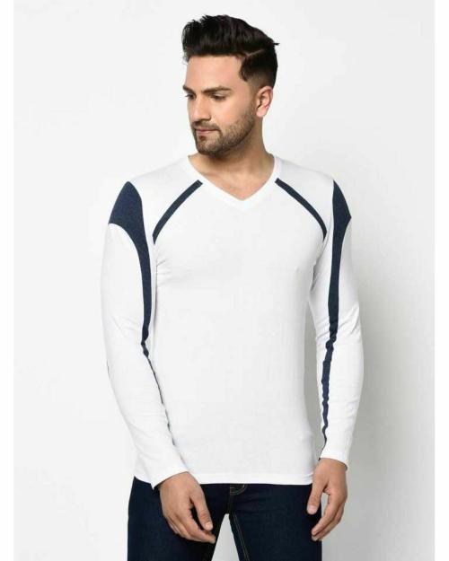 Buy Glito Color Blocked White & Black Full Sleeves V-Neck T-shirts For ...