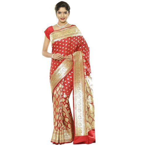 Buy PTIEPLBanarasi Silk Works Red Half Half Patli Zari Jaal Satin Silk Saree Online at Best ...