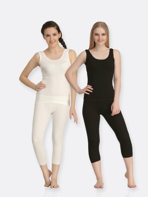 Buy Kanvin Women Off White & Black Round Neck Sleeveless Pack of 2 Thermal Sets Online at Best ...