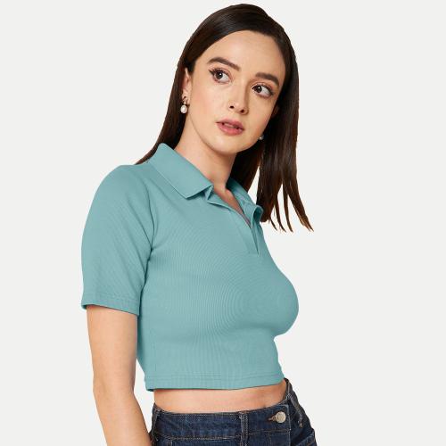 Buy Rad Prix Women Light Teal Collar Rib Crop Top Online at Best Prices ...