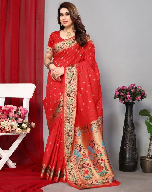 Buy Satrani Poly Silk Red Color Saree with Blouse piece | sarees for ...