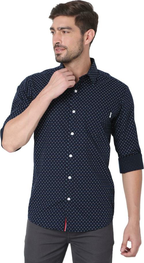 Buy Mufti Navy & White Logo Print Slim Fit Casual Shirt Online at Best ...