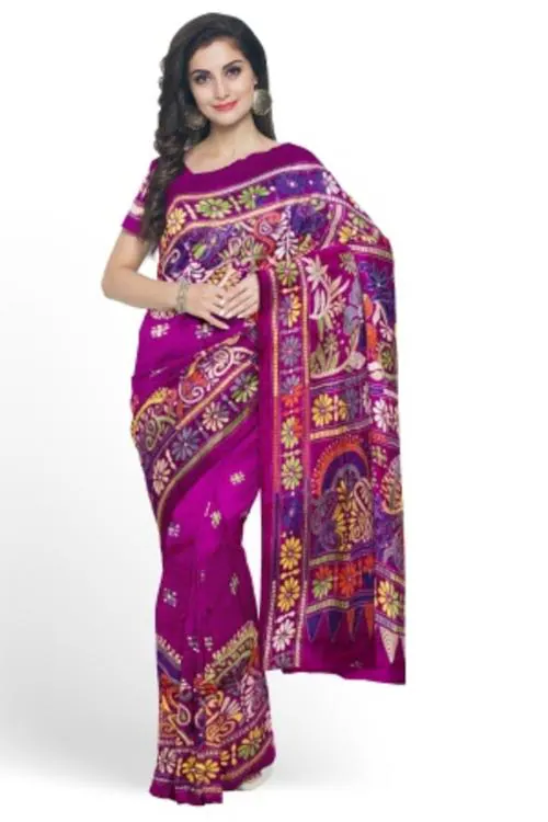 Buy SAMVITA's Pink Hand Embroidered Kantha Work Art Silk Saree For ...