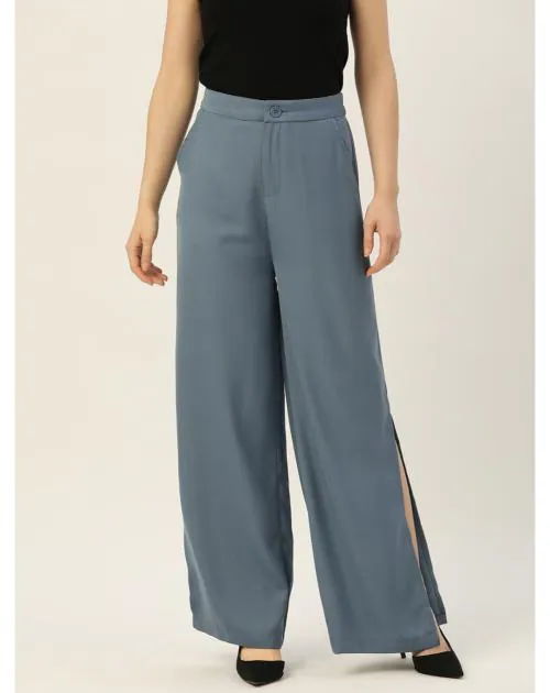 Buy Rue Collection Women's Blue Solid Parallel Trousers Online at Best ...