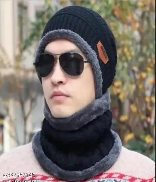 Buy FOOTPAID Trendy Winter Thick Fleece Lined Black Beanie Woolen Cap ...