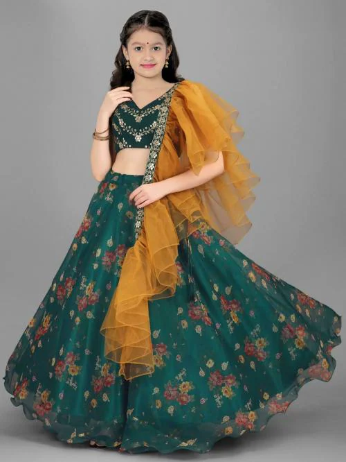 Buy Piludi Girls Green Embroidered Art Silk Lehenga & Choli | Girls ...
