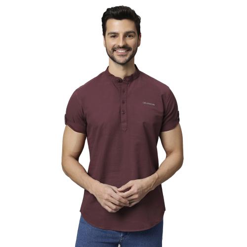 Buy GBS Linen Maroon Kurta with Chinese Collar, Half Sleeves, Slim Fit ...