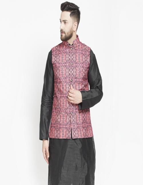 Buy Benstoke Men's Black & Coral Cotton Blend Printed Nehru Jacket ...