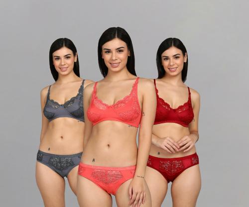 Buy Shebae Women's Non Padded Satin blend Full Coverage lingerie set Grey-maroon-orange (Pack of ...