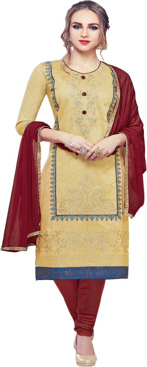 Buy Manvaa Women Beige Embroidered Cotton Silk Semi-Stitched Dress ...