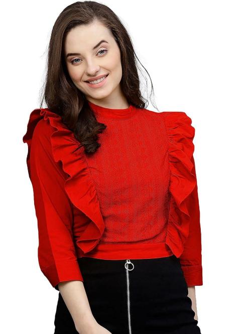 Buy FELLAMO Girls Red Solid Collarless Crop Length Top Online at Best ...