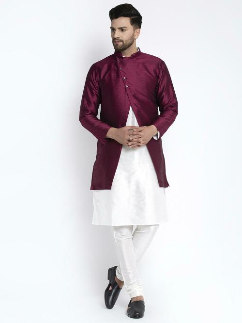 Buy Benstoke Men's White Kurta With Pyjama & Wine Self Design Jacket ...