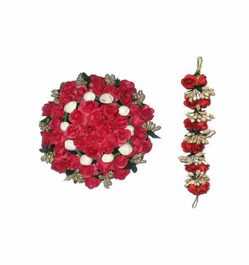 Buy GADINFASHION Multicolor Womens Full Red Juda Bun Hair Flower Gajra ...