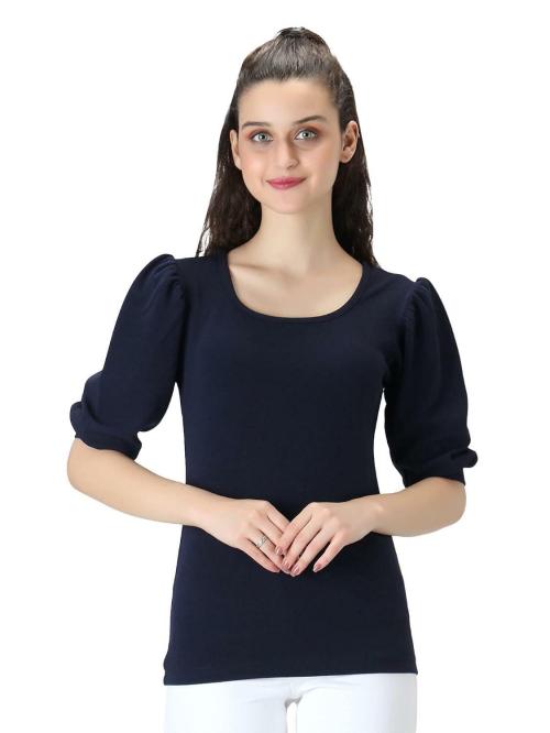 Buy Zuvino Women Navy Blue Textured Collarless Long Length Top Online ...