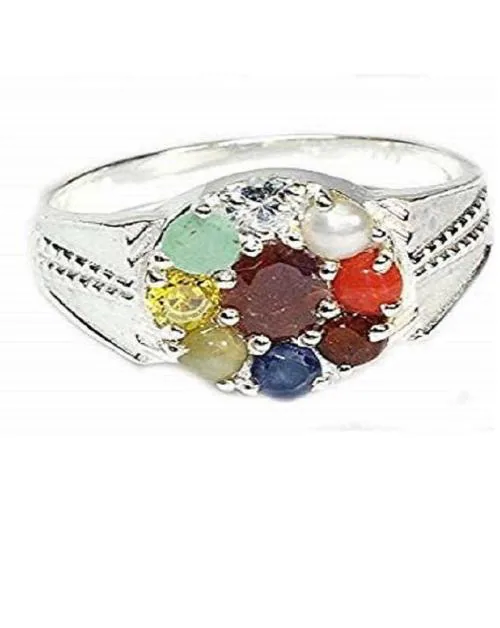 Buy Ceylonmine Navratan Ring Precious All Navgrah Stone'S Silver Plated ...