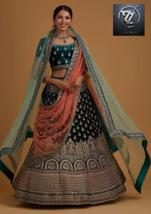 Buy Zaqe Zone Women Green Embroidered Velvet Lehenga Choli Online at ...