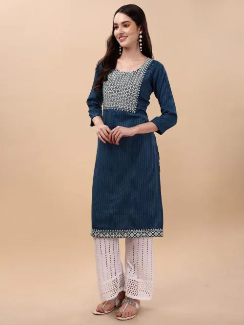 Buy Derifa Women Striped Thread Work Kurta with Palazzos Online at Best ...