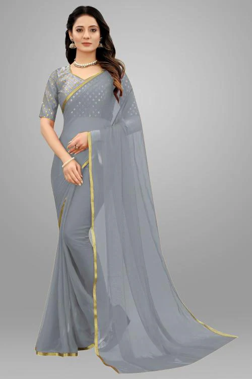 Buy NISHA CREATION Women Green Solid Chiffon Single Saree Online at ...