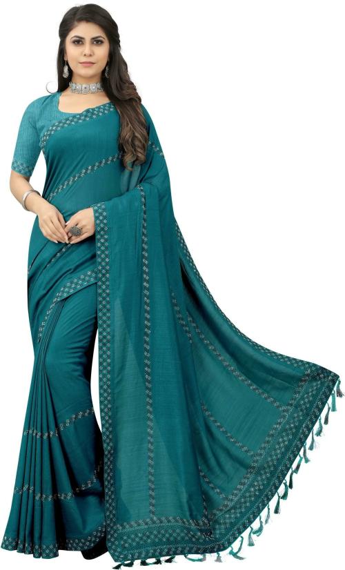 Buy Febo Fashion Women Turquoise Embroidered Silk Blend Single Saree ...