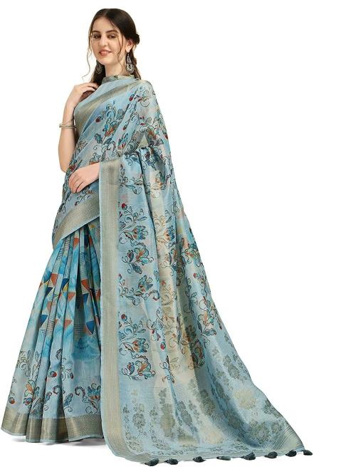 Buy Dungrani Light Blue Floral Cotton Silk Women Saree With Blouse Pic ...