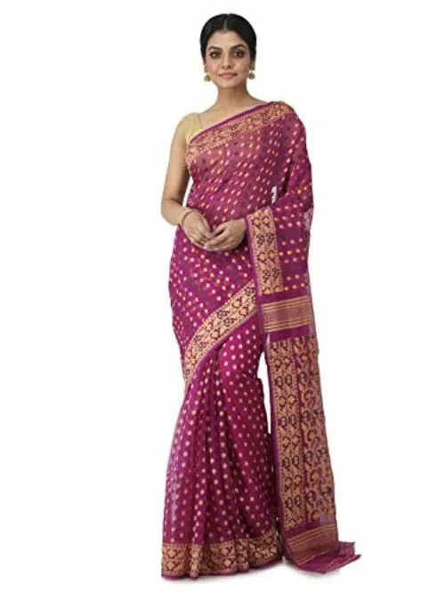 Buy PinkLoom Women Pink Solid Cotton Jamdani Saree without Blouse Piece Online at Best Prices in ...