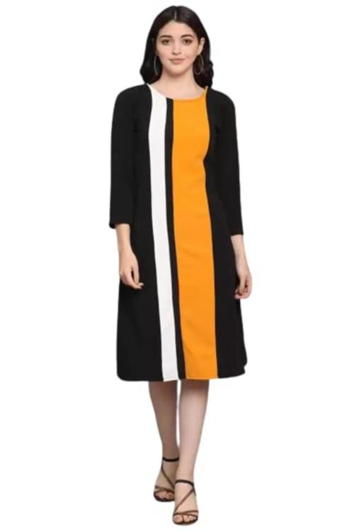 Buy Axelus Women Black, Mustard Lycra Stripe Dress (S) Online at Best ...