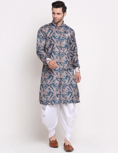 Buy Benstoke Men's Grey & Navy Blue Cotton Blend Printed Kurta with ...