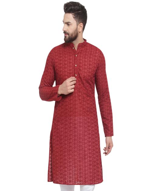 Buy Designer Maroon Cotton Chikankari Lucknowi Jaal Embroidered Kurta ...