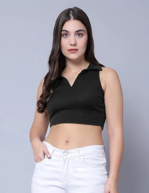 Buy DIAZ Women's Polo Collar Sleevesless Crop Top Rib Knit Tank|Women's ...