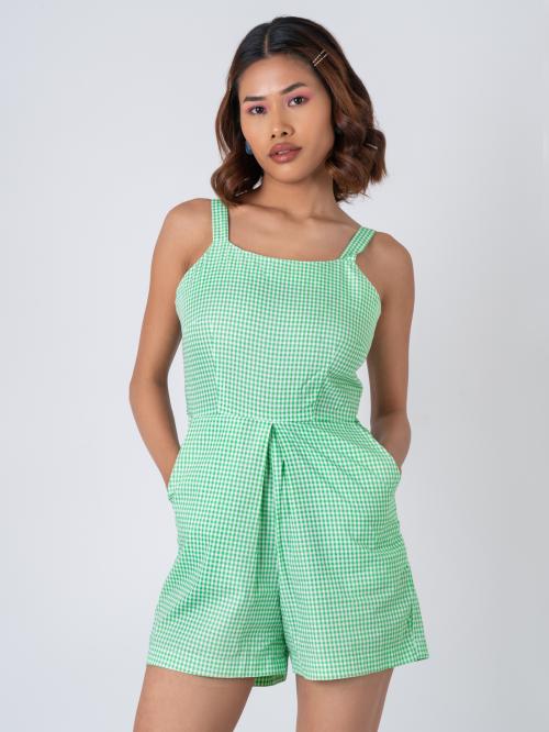 Buy Fashioncons Woman Green Check Sleeveless Cotton Belted Romper Size ...