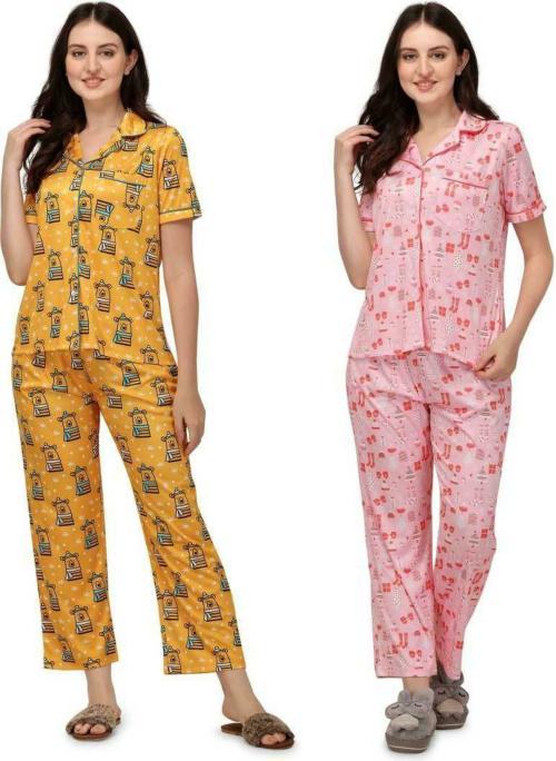 Buy Prettify Women Yellow Printed SATIN Pack of 2 Top & Pyjamas Set ...