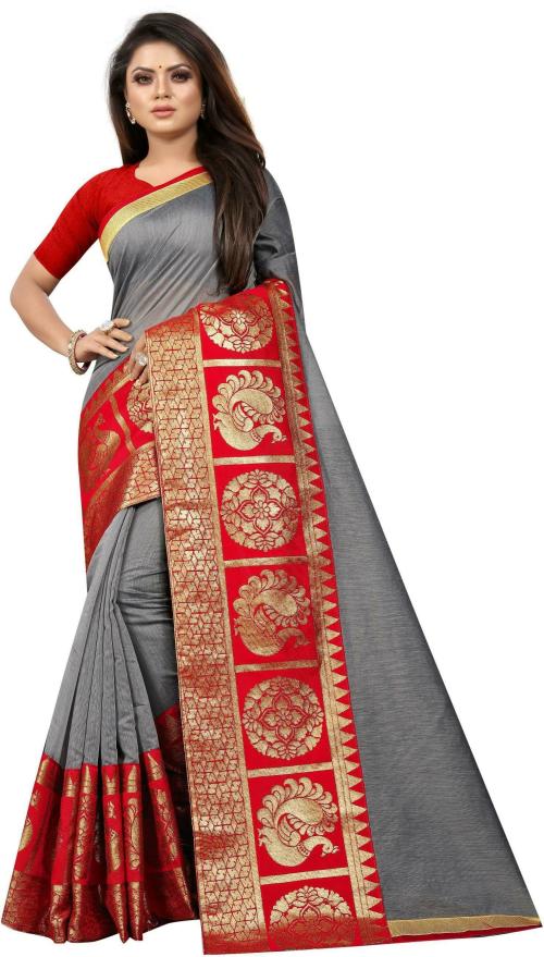 Buy Febo Fashion Women Grey Self Design Cotton Blend Single Saree ...