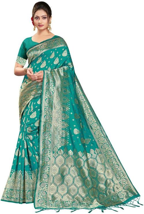 Buy HYPHORIA Women Sea Green Woven Design Jacquard Saree Online at Best ...